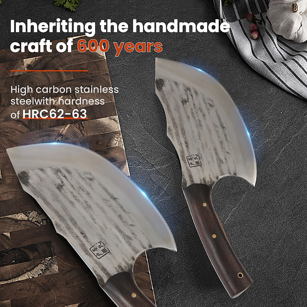 Chinese-Husa Hand-Forged Cleaver Butcher Chef-Knife - High Carbon Stainless Steel HRC62 - Knife for Pro Chef, Home, Restaurant, Outdoors