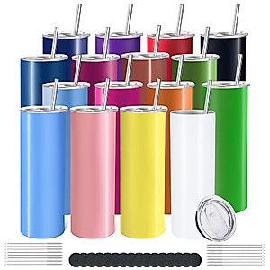 YOUKE OLA 16 Pack Skinny Tumblers 20oz Bulk Straight Stainless Steel Double Wall Vacuum Insulated Tumbler with Lid and Straw & Silicone Base for Travel, DIY, 16 Colors
