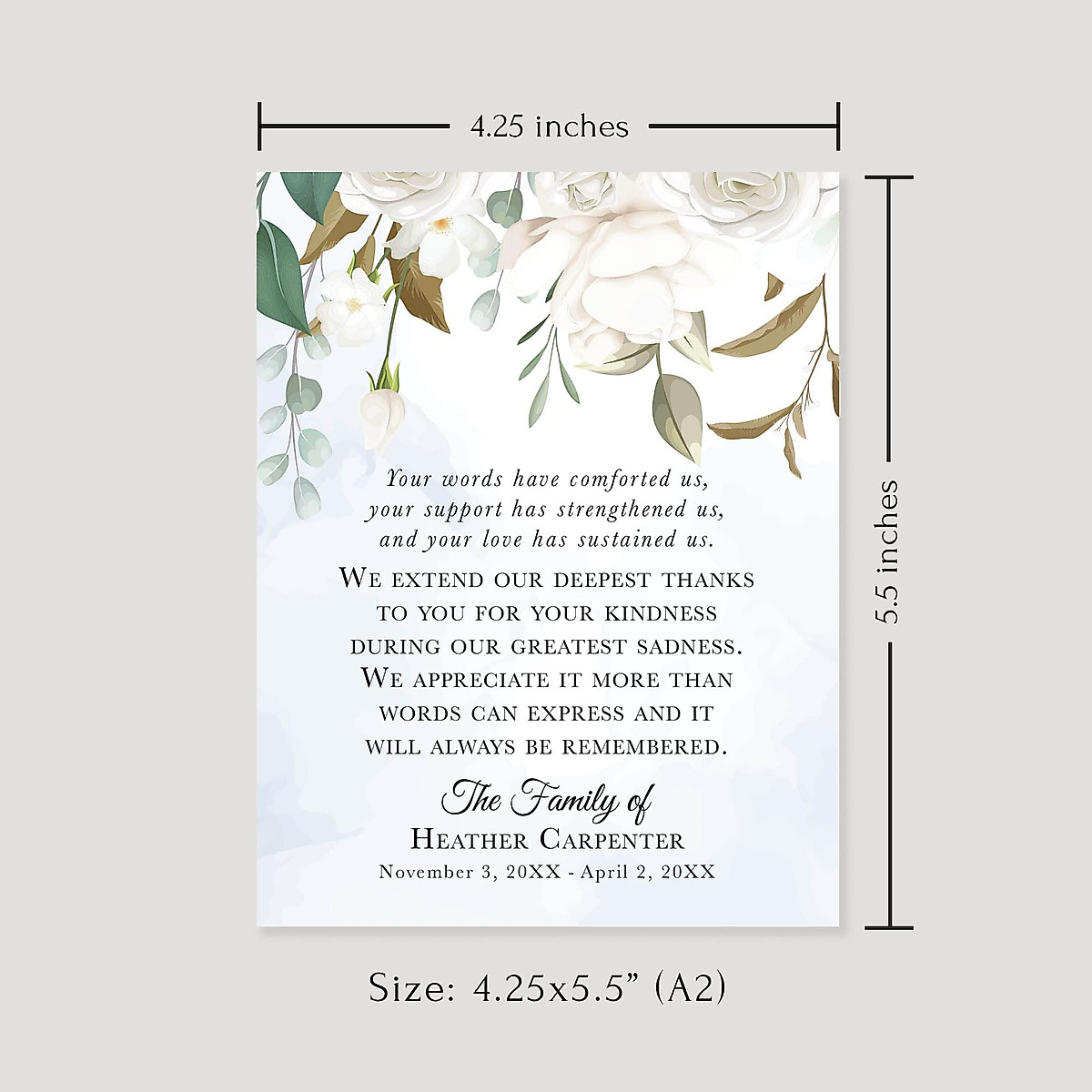 Hello Love Goods White Floral and Greenery Funeral Thank You Cards, Sympathy Acknowledgement Cards, 4.25x5.5 Flat Bereavement Notes with Envelopes