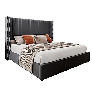 Jocisland Lift up Storage Bed Frame Queen Size, Upholstered Platform Bed Velvet with Channel Tufted Wingback Headboard, No Box Spring Needed, Gray