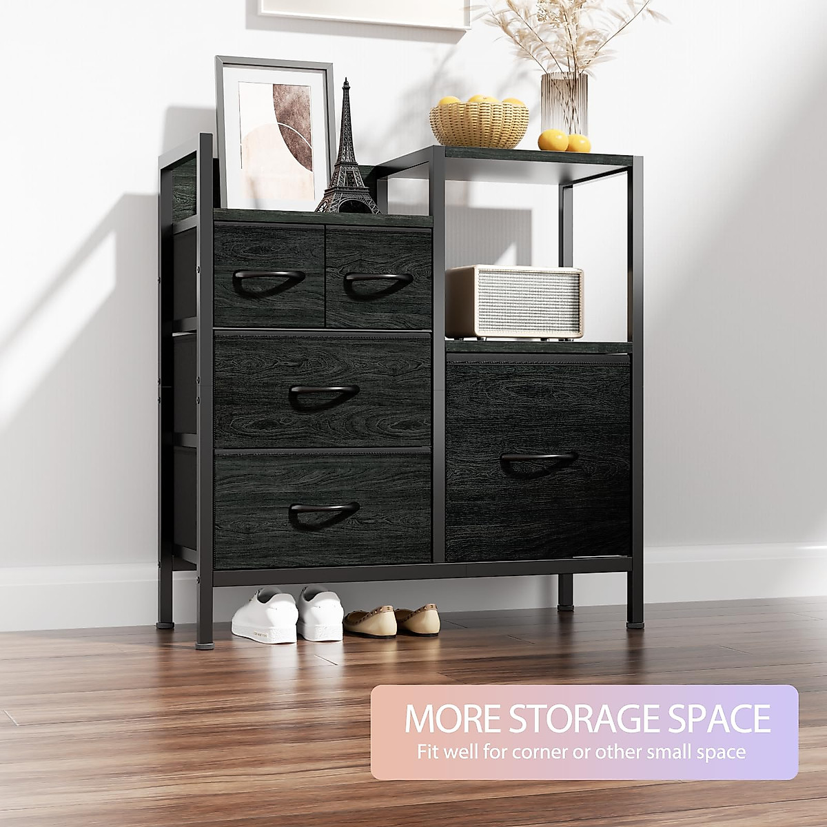 Furnulem Dresser for Bedroom Organization Fabric Dresser Units with 5 Storage Drawers Sturdy 2 Tier Shelf Large Space Dresser Bedroom Dresser for Hallway Entryway Dorm Black