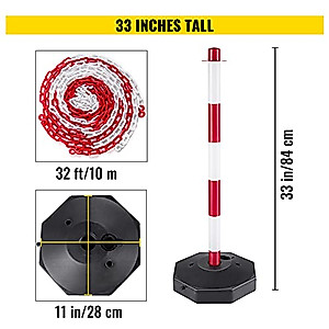 VEVOR Plastic Stanchion, 4pcs Chain Stanchion, Plastic Stanchion Kit w/ 32ft Chain 8 S-Hooks, PE Plastic White Stanchion for Warning/Crowd Control at Parking Lot, Construction Lot, Driveway Elevator