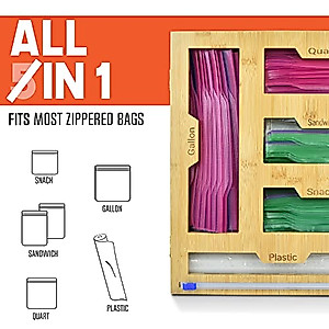 DESIGN INN 5 in 1 Bamboo Ziplock Bag Organizer for Drawer with Cling Wrap Dispenser and Cutter - Suitable for Gallon, Quart, Sandwich & Snack Variety Size Bags
