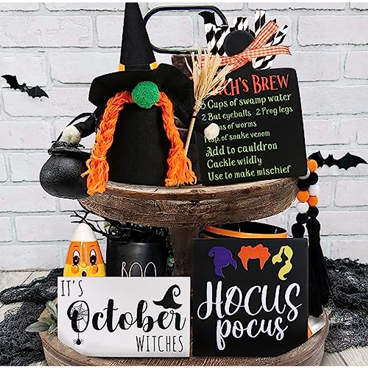 Halloween Decorations - Halloween Decor - Farmhouse Tiered Tray Decor Items - 3 Rustic Wooden Signs, Cute Witch Cauldron Gnomes Plush and Beads Garland for Fall Indoor Home Table Room Kitchen Office