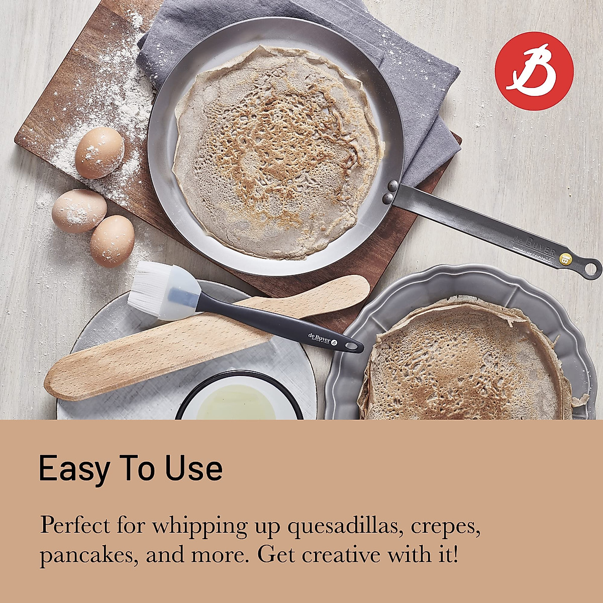 de Buyer MINERAL B Carbon Steel Crepe & Tortilla Pan - 10.5” - Ideal for Making & Reheating Crepes, Tortillas & Pancakes - Naturally Nonstick - Made in France