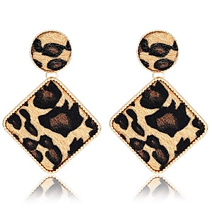 CEALXHENY Leopard Dangle Earrings for Women Statement Snakeskin Square Drop Earrings Disc Earring Studs Fashion Jewelry (A Leapard-Fur)