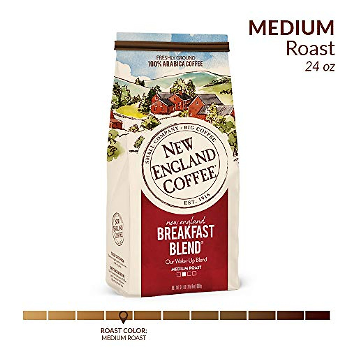 New England Coffee, New England Breakfast Blend, Medium Roast Ground Coffee, 24 Ounce Bag