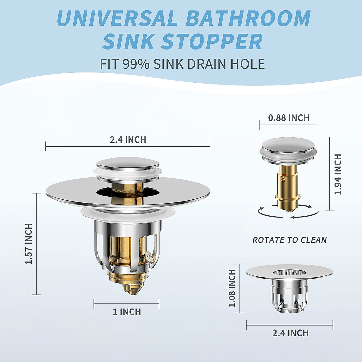 Universal 2 in 1 Bathroom Sink Stopper, Pop Up Bathroom Sink Drain Strainer with Anti-Clogging Filter Basket, Bathroom Drain Stopper Sink Plug for 1.06"-1.65" Basin Drain Holes