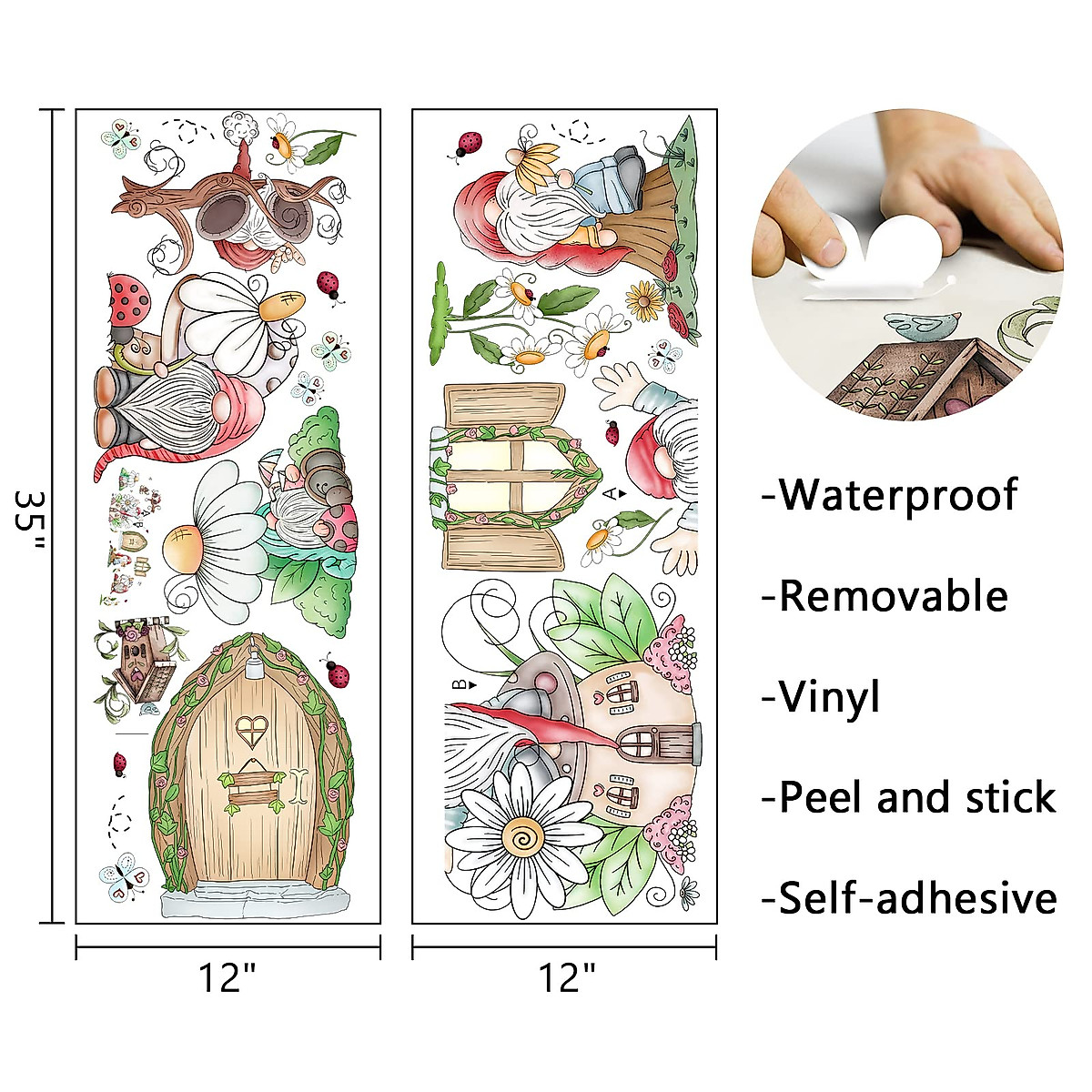 Mfault Spring Summer Garden Gnomes Daisy Flower Wall Decal Sticker, Farmhouse Mushroom Bird Nursery Decoration Kids Bedroom Living Room Art, Neutral Ladybug Butterfly Tree Branch Home Kitchen Decor