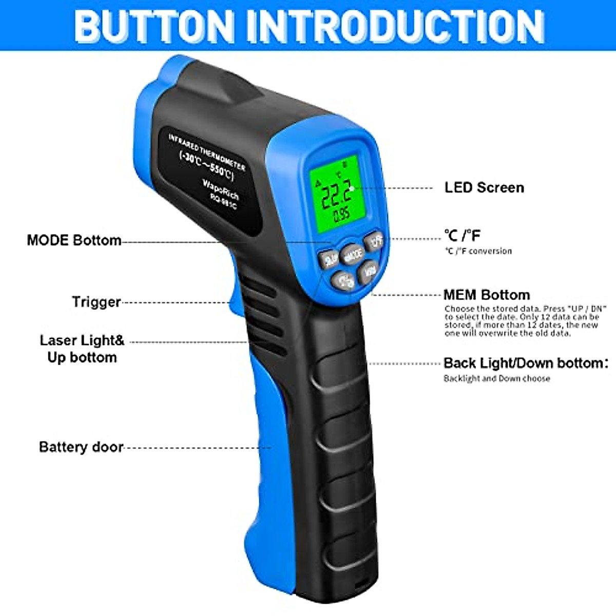 Infrared Thermometer Digital Laser Thermometer RQ-981C, Non-Contact Digital Infrared Thermometer from -50℃ to 550℃(-58 to1022℉) Come with LCD Back-Light, Data Hold for Industrial (Not for Human)