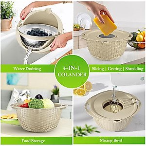 4-1 Colander with Bowl Set - Strainers for Kitchen, Food Strainers and Colanders, Pasta Strainer, Rice Strainer, Fruit Cleaner, Veggie Wash, Salad Spinner, Apartment & Home Essentials - Beige