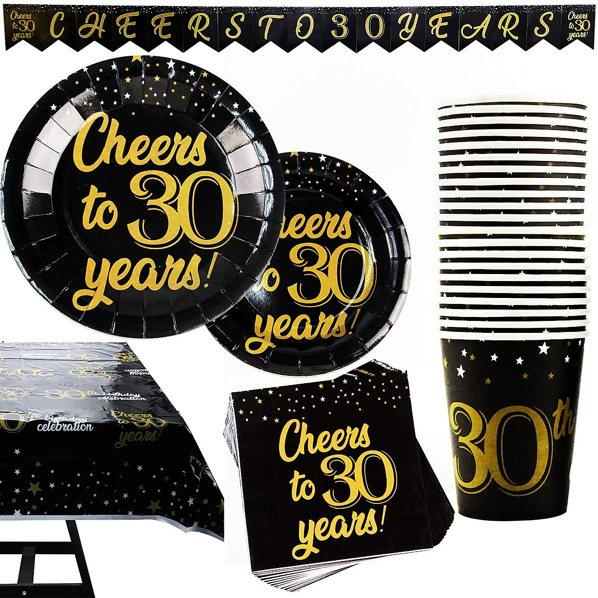 102-Piece 30th-Birthday Party Supplies Set With 30th Birthday Plates and Napkins, Cups, Banner, and Tablecloth, Serves 25. 30th birthday decorations for Men and Women