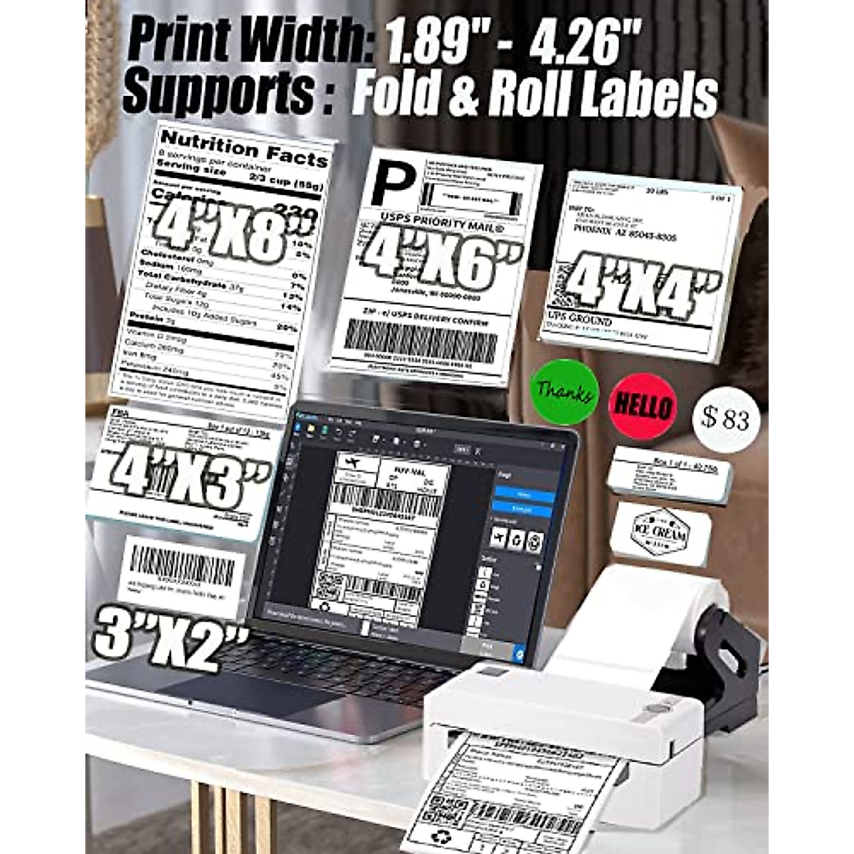 Memoking Thermal Shipping Label Printer with Label Holder - High Speed Desktop Label Printer for Shipping Packages for Windows & MacOS - HD 4x6 Shipping Label Printer for Small Business Package/Logo