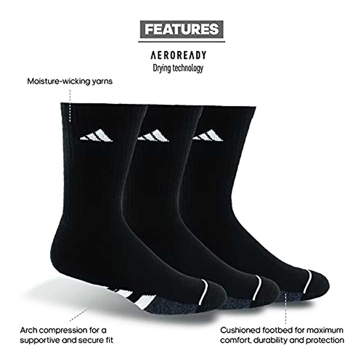 adidas Men's Cushioned Crew Socks (3-Pair), Black/White/Onix Grey, Large