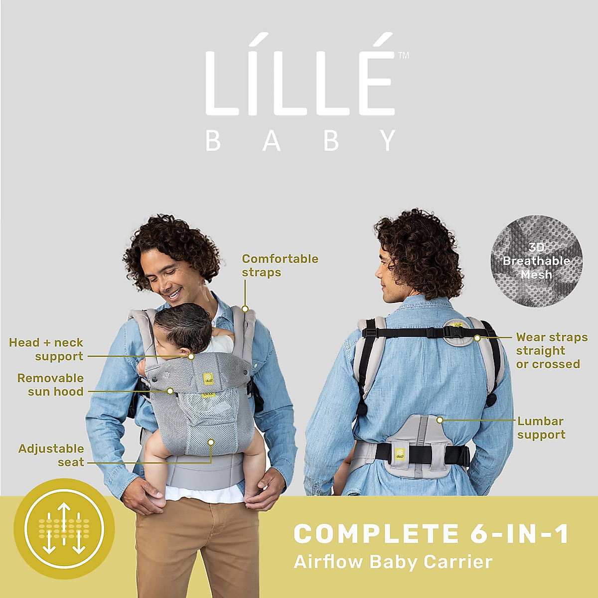 LÍLLÉbaby Complete Airflow Ergonomic 6-in-1 Baby Carrier Newborn to Toddler - with Lumbar Support - for Children 7-45 Pounds - 360 Degree Baby Wearing - Inward and Outward Facing - Silver