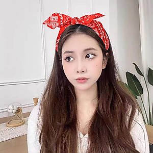 Red Boho Paisley Bandana Hair Bands with Knotted Bow and Rabbit Ear Headbands for Women and Girls - Non-Slip Headbands