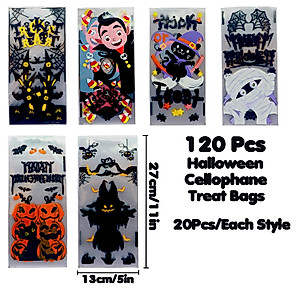 VEYLIN 120Pcs Halloween Cellophane Treat Bags, Cartoon Clear Candy Bags with Twist Ties for Halloween Party Favors Supplies