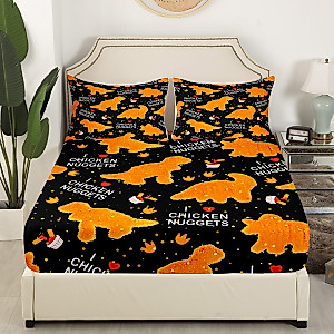 Chicken Nuggets Fitted Sheet Queen Size Kids Cute Dino Bedding Set for Boys Teens Dinosaur Bed Sheet Set Fried Food Print Bed Cover Room Decor