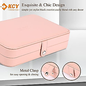 KCY Jewelry Box for Women Girls,Small Travel Jewelry Organizer Case,PU Leather Portable Jewellery Storage Boxes Display Holder for Ring Earrings Necklace Bracelet Bangle, Men Teen Kids Gift, Pink