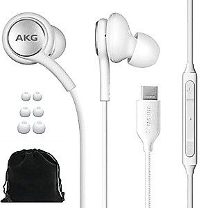 SAMSUNG AKG Earbuds Original USB Type C in-Ear Earbud Headphones with Remote & Mic for Galaxy S23 Ultra, A53 5G, S22, S21 FE, S20, Note 10, 10+, S10 Plus - Braided - Includes Velvet Pouch - White
