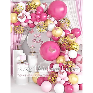 Pateeha Pink Balloon Garland Arch Kit 140 Pcs Hot Pink Gold Balloon Arch Baby Shower Decorations for Girl Butterfly Stickers Gold Confetti Latex Balloons for Birthday Bridal Shower Party Decorations