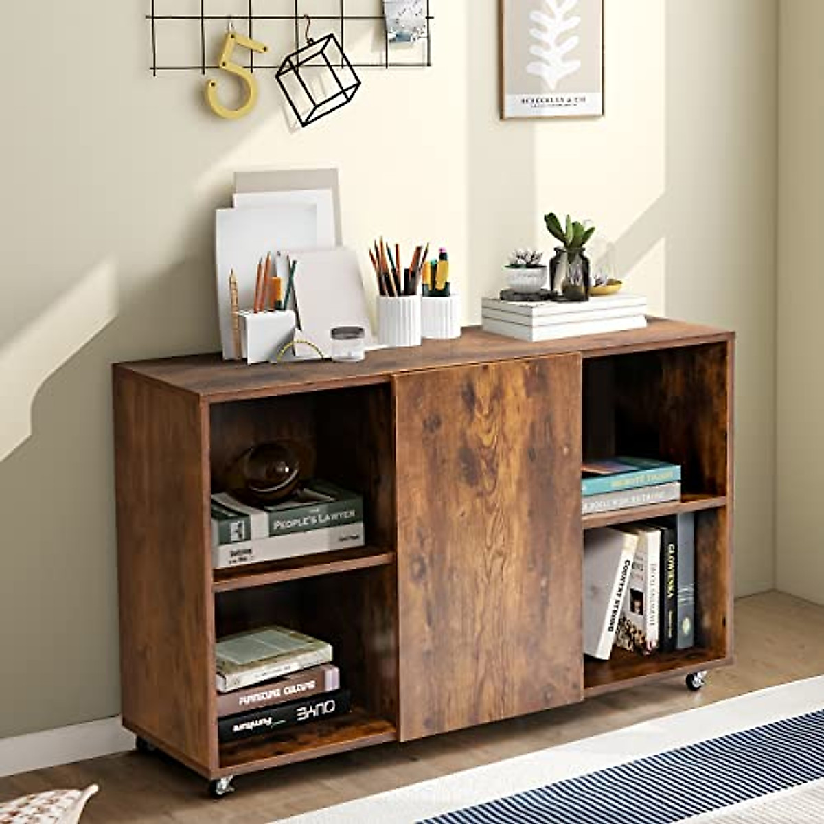 Tangkula Wood File Cabinet with Wheels, Mobile Storage Cabinet with 6 Compartments, Open Storage Shelf, Large Lateral Filing Cabinet, Storage Unit Bookcase for Home, Office (Rustic Brown)