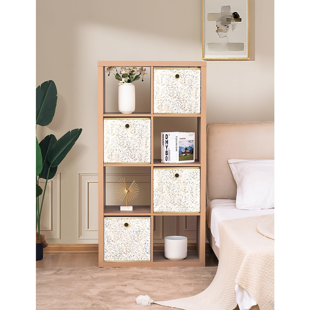 DAMAHOME Fabric Storage Cube Bins, Foldable 13 Inch Cube Storage Bins with Grommet Handle, 4-Pack Collapsible Cubby Organizer for Shelves, Closet, Nursery, Toys, White Gold