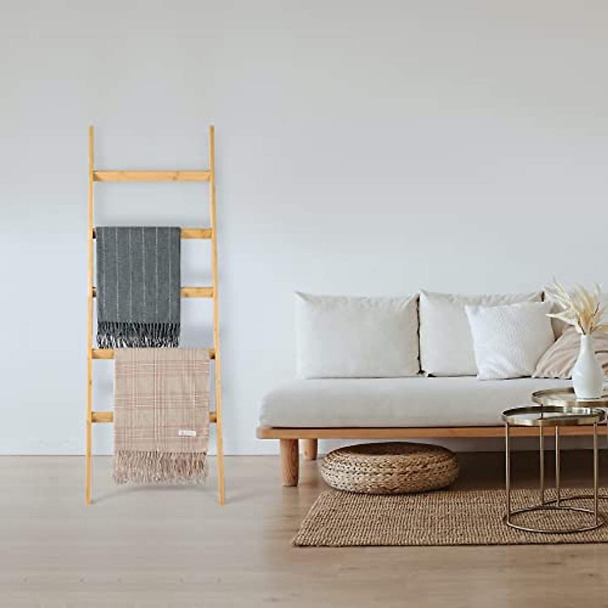 SIMEFUL 5 ft Blanket Ladder,Blanket Display Rack, Farmhouse Blanket Holder,Wall Leaning Ladder Shelf,Bamboo Towel Rack,Decorative Quilt Stand for Living Room, Bathroom, Bedroom