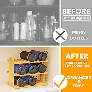 SpaceAid Bamboo Water Bottle Organizer with Labels, Kitchen Pantry Water Bottle Storage Rack for Cabinets, Home Cup and Wine Bottle Holder Shelf Organizers, (3-Tier, Hold 9 Bottles)
