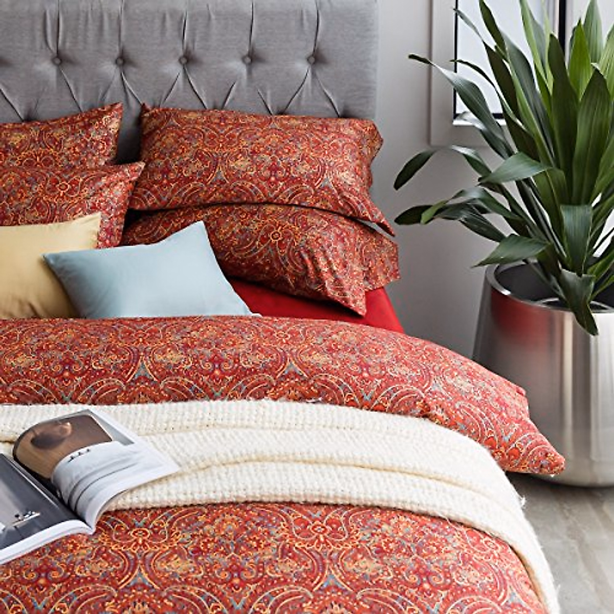 Eikei Boho Paisley Print Luxury Duvet Cover and Shams 3pc Bedding Set Intricate Tuscany Bohemian Damask Medallion 350TC Egyptian Cotton Sateen (King)