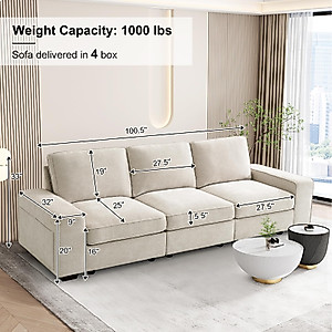 100.5" Modular Sectional Sofa with Seat Storage,Modern Chenille Couch 3 Seater Sofas for Living Room,Extra Wide Armrest,Side Pockets,Washable Sofa Cover and Solid Wood Frame, Easy to Install(Beige)