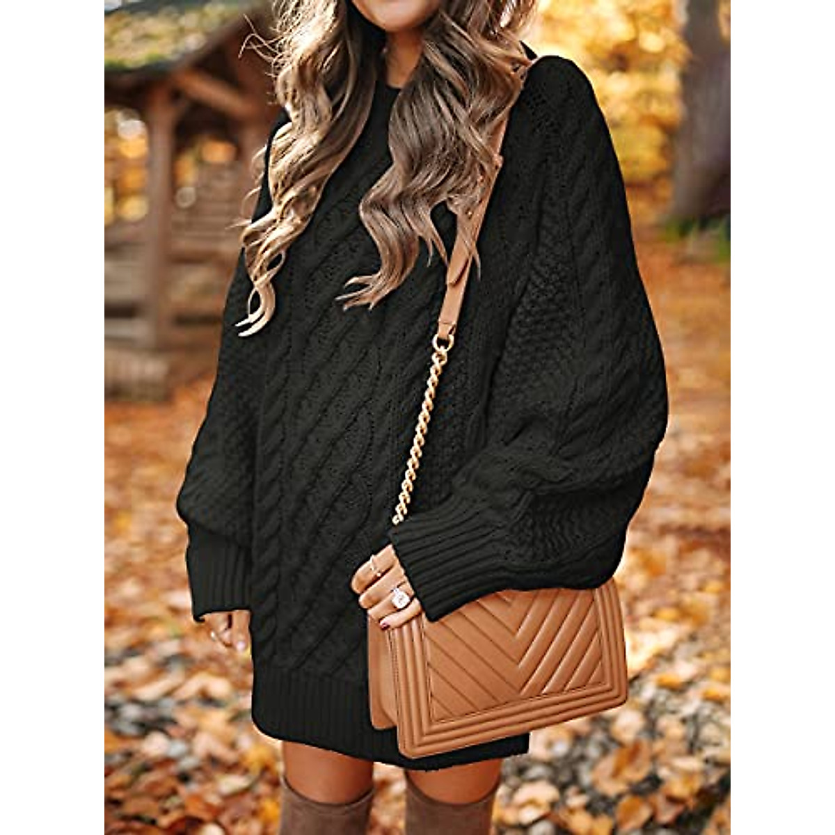 ANRABESS Women 2023 Fall Crewneck Long Sleeve Oversized Cable Knit Chunky Baggy Loose Knit Pullover Short Sweater Dresses Trendy Winter Tunic Mini Dress 412heise-XS Black
