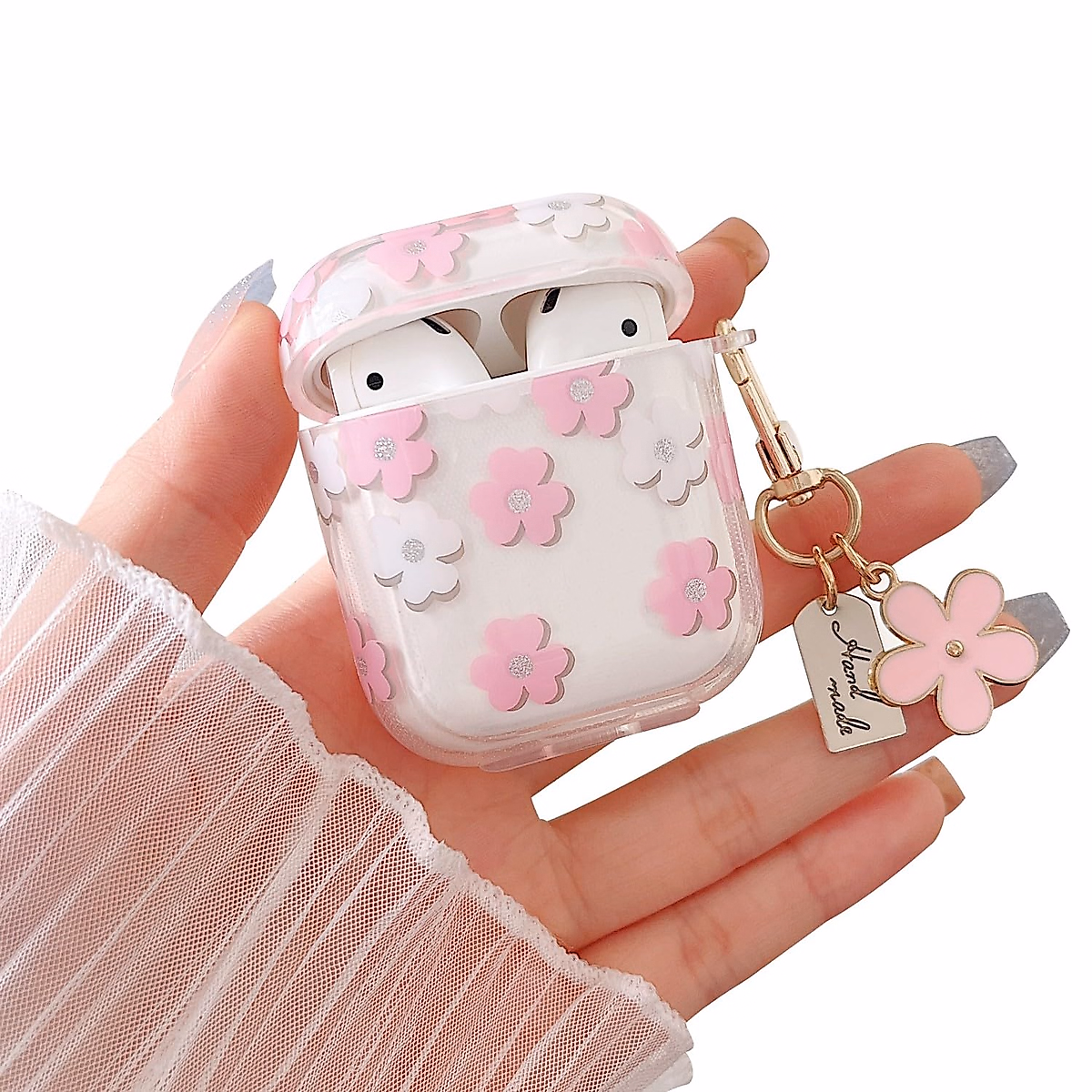 MINSCOSE Compatible with AirPods 1/2 Clear Case,Cute Cartoon Flower Pattern Design with Floral Keychain, Soft TPU Protective Shockproof Case for AirPod 1&2 for Girls Women-Pink