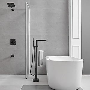 RUMOSE Tub Filler Freestanding Bathtub Faucet with 12.2 Inches Towel Bar Matte Black Floor Mount Tub Faucet Swivel Spout High Flow Bathtub Filler with Handheld Sprayer, Towel Rack