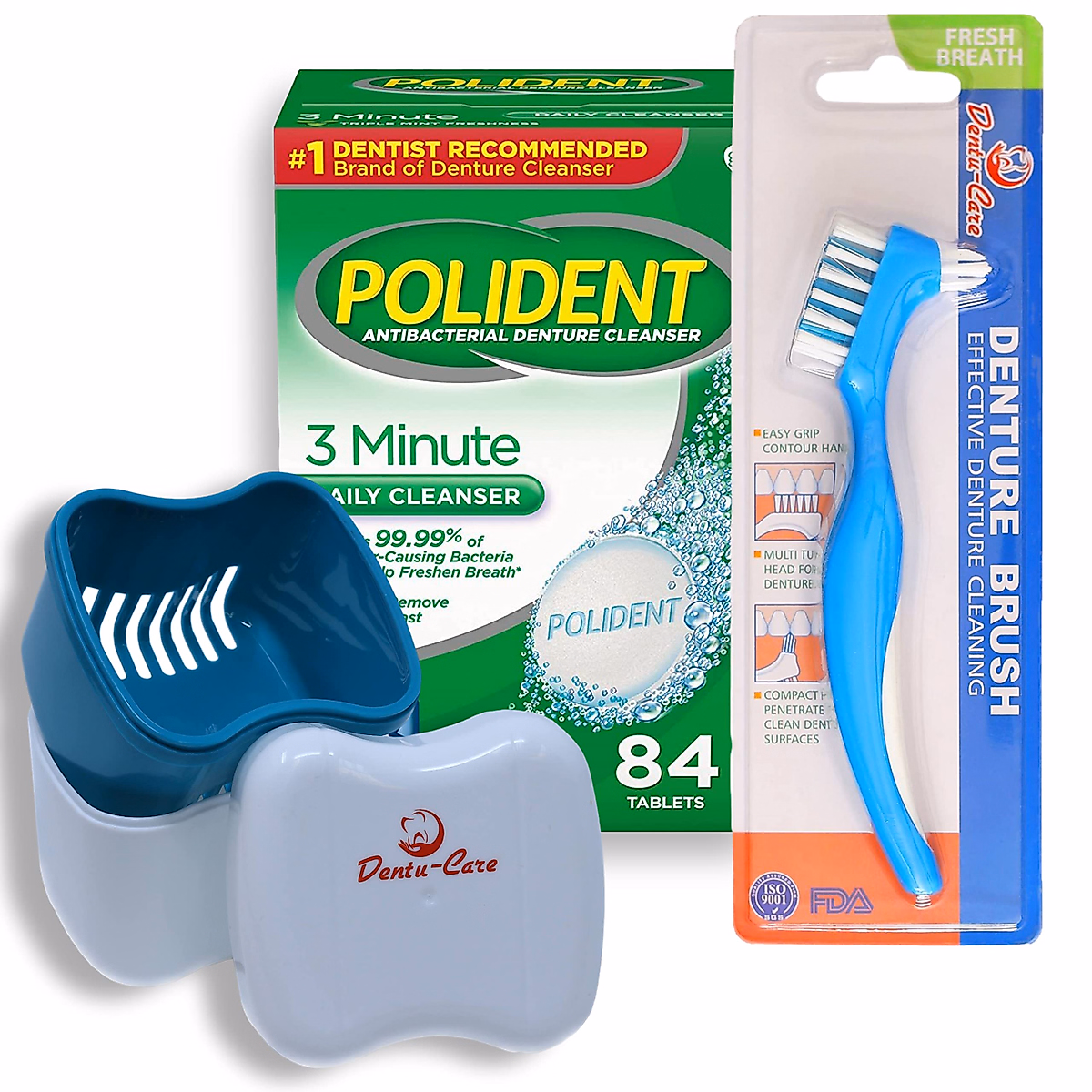 Polident 3 minutes Denture Cleaner 84 Tablets Bundle Dentu-Care Denture Case and Brush | Easy To Maintain Good Clean Full/Partial Dentures Mouthguards | No More Spongy Painful Gums