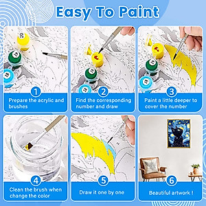 Yunnuo Paint by Numbers for Adults Black Cat, Paint by Numbers kit on Canvas for Beginners, Starry Night Oil Painting Set Craft Supplies, 3 Paintbrushes and Acrylic Paint 16x20 Inch