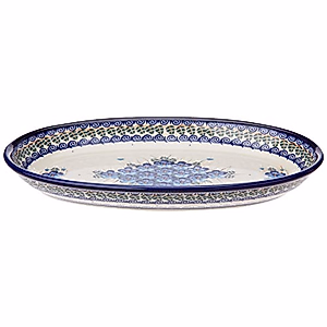 Polish Pottery Ceramika Boleslawiec Platter Karp Cups, Royal Blue Patterns with Blue Pansy Flower Motif, 14-1/8-Inch by 8-7/8-Inch