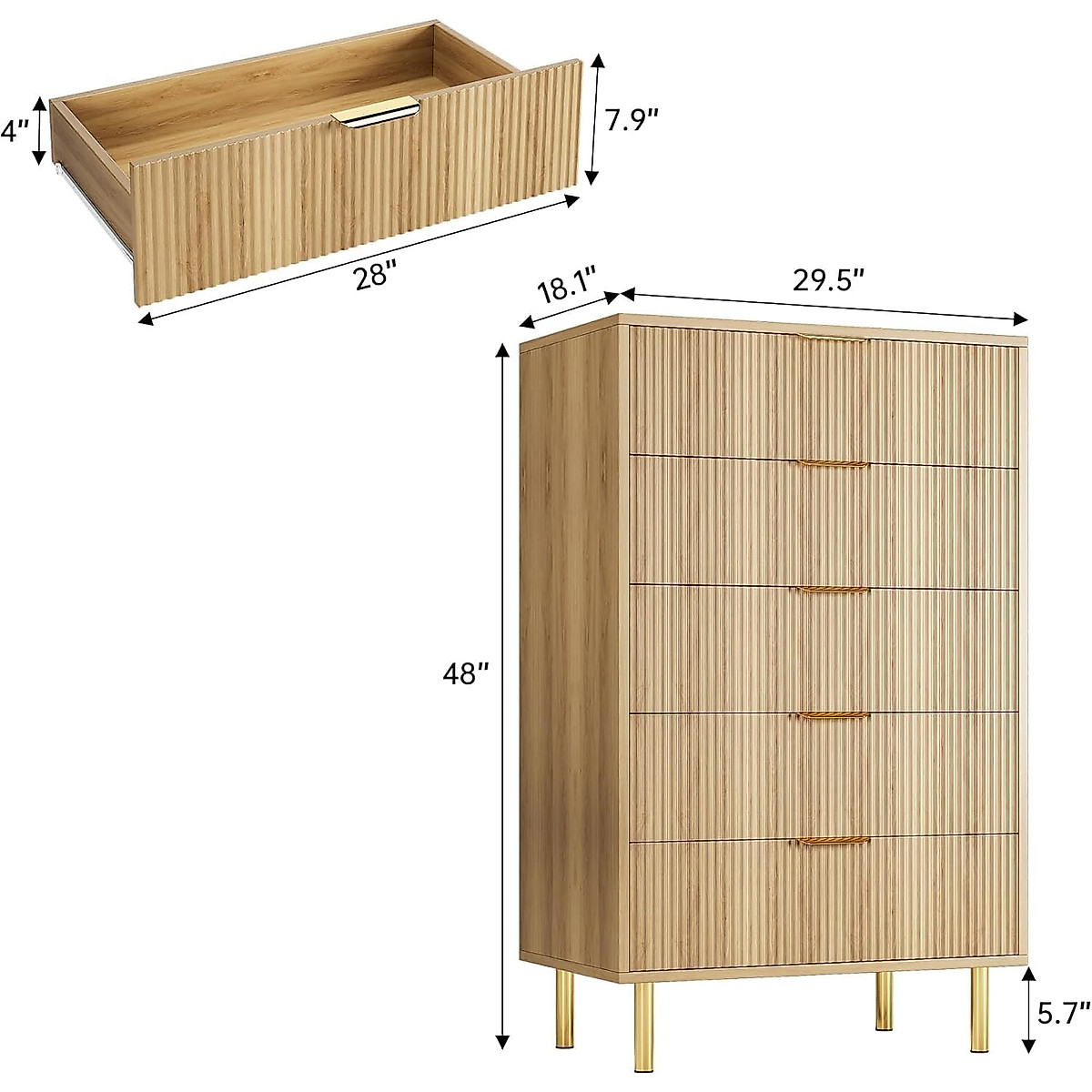 Natural Dresser, Modern 5 Drawer Dresser for Bedroom with Gold Handle and Large Drawer, Wood Double Chest of Drawers and Storage Organizer for Living Room, Hallway, Entryway