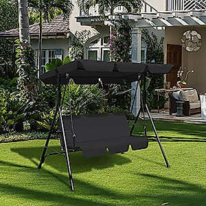 Rankok 3-Seat Outdoor Porch Swing with Adjustable Tilt Canopy Removable Cushion All-Weather Conversation Patio Swing Waterproof Outside Furniture Set for Garden Poolside Balcony Backyard (Black)