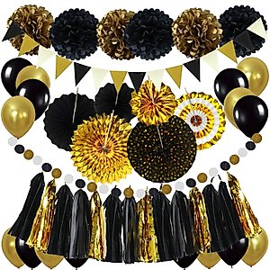ZERODECO Black and Gold Decorations, Hanging Paper Fans Pom Poms Flowers Tassel Garlands String Triangle Bunting Flags and Balloons for Birthday Graduation Congrats Grad New Years Party Décor
