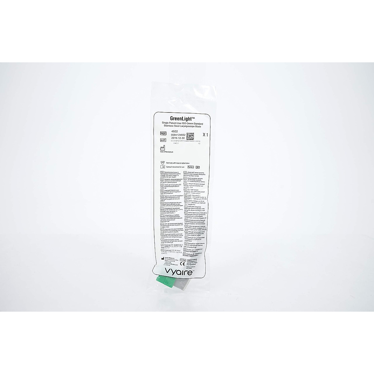 Vyaire Medical Greenlight Laryngoscope Blade, Stainless Steel, Size 2, Single Patient, ISO Standard, Case of 20, 4602