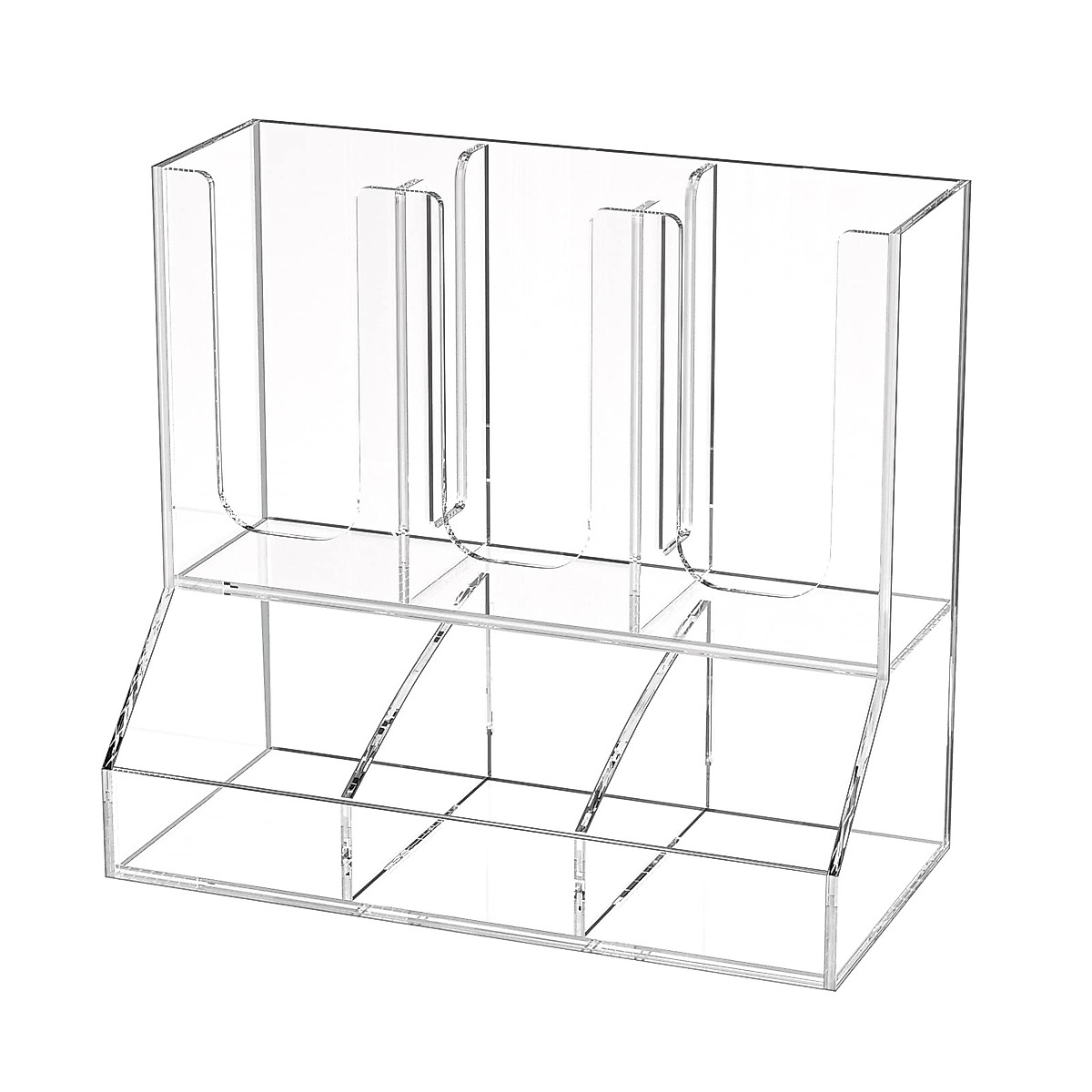 Richboom Cup and Lid Organizer, 6 Compartments with 2 Removable Dividers Coffee Station Countertop Cup Dispenser Condiment Organizer Accessories Caddy for Breakroom, Office, Home - Clear