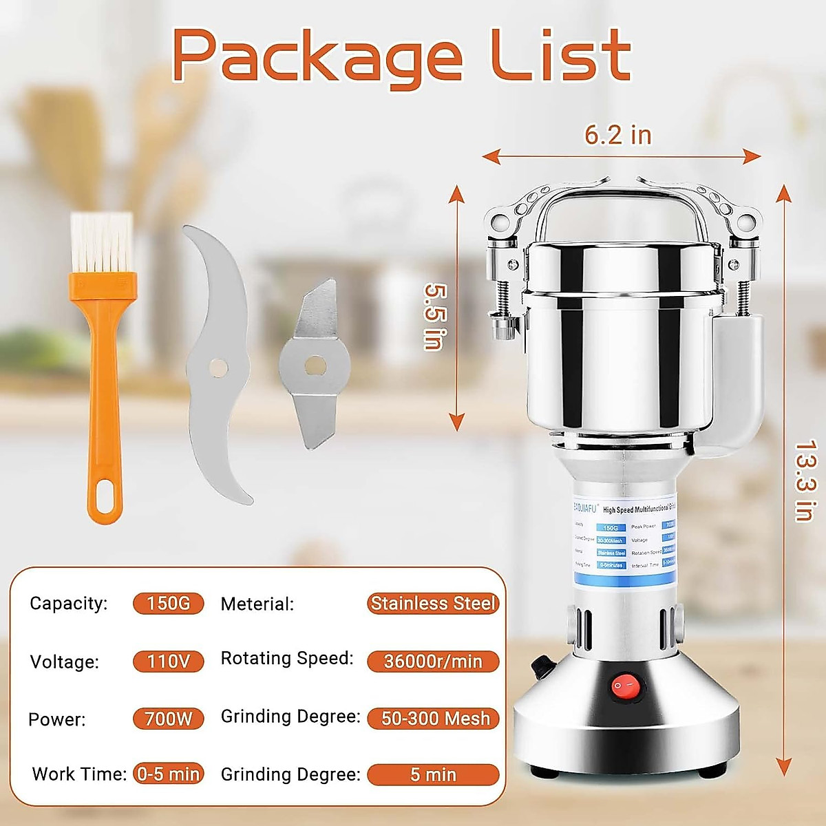 BAOJIAFU Electric Grain Mill Grinder 150g High-speed Grain Spice Herb Grinder 700W Dry Grinder Machine 304 Stainless Steel Superfine powder Grinder 36000r/min for Kitchen Home and Commercial (150G)