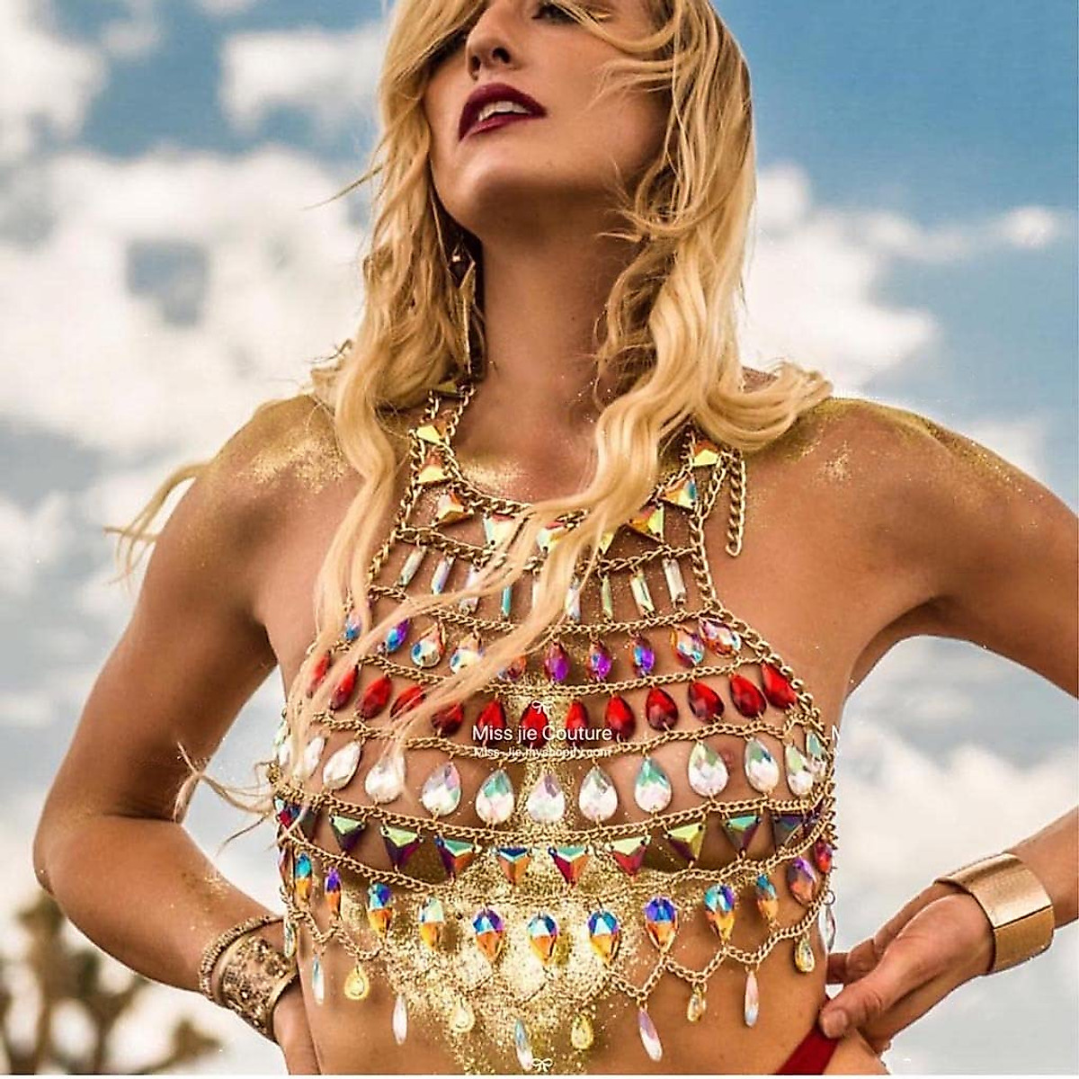 Aiosy Boho Body Chain Bra Gold Sexy Rhinestone Bikini Bra Body Halter Backless Sequins Chain Bra Beach Body Accessories Jewelry for Women (Red)