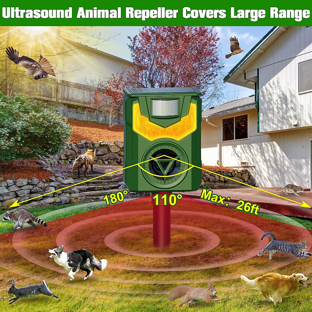 Ultrasonic Animal Repeller, 2023 New Solar Powered Cat Repellent Outdoor with Flame Light Flicker, 5 Modes Waterproof Dog Deterrent Repel Dogs,Cat, Bird,Squirrels,Raccoon,Rabbit,Fox for Garden Yard