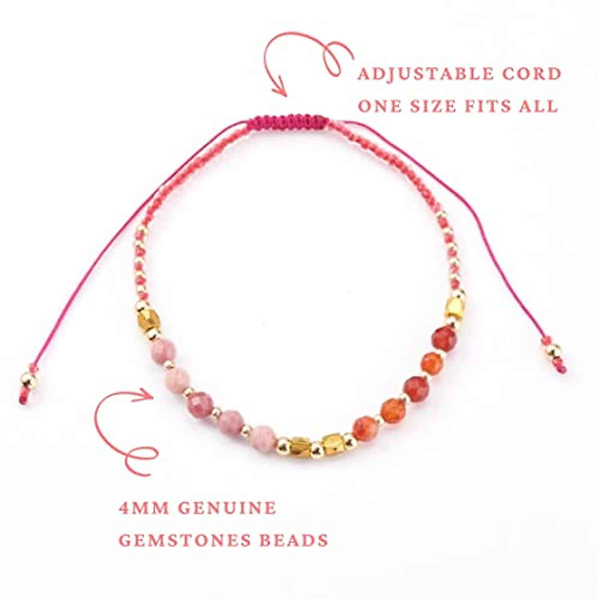 Mother's Ray True Friendship Affirmation Bracelet – Rhodochrosite and Agate Beaded Bracelets – Genuine Gemstones and Crystals Bracelet for Women – Adjustable Nylon Cord for Comfortable Wear