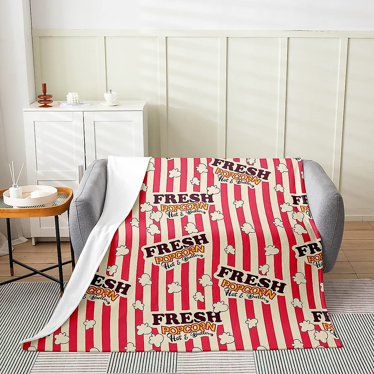 Feelyou Popcorn Pattern Plush Throw Blanket, for Girls Boys Movie Theater Flannel Fleece Blanket Red White Stripe All Season,Bed Blanket Room Decor Vintage Cinema Movie Theater 40"x50"