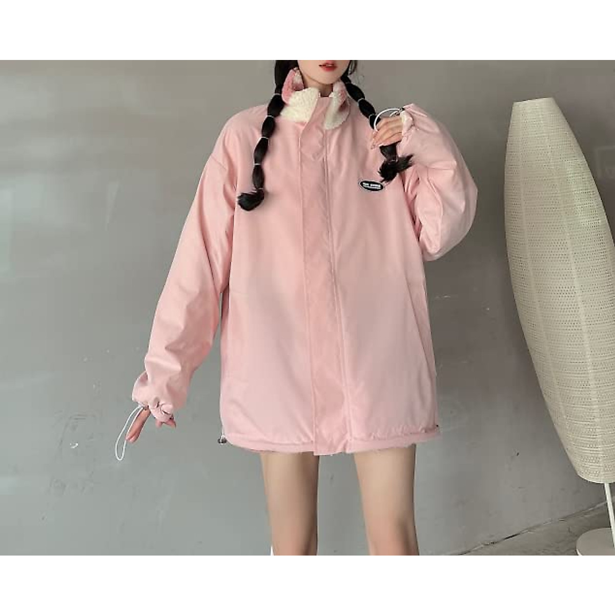 Women's Fleece Sherpa Jackets Reversible Kawaii Heart Print Fuzzy Zip Up Coats Aesthetic Y2k Winter Oversized Outwear (Pink,XL)