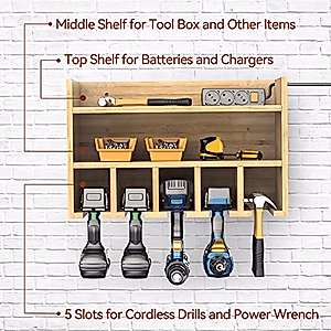 Purbambo Power Tool Organizer Wall Mounted, Bamboo Drills Shelf Rack with Charging Station and 5 Hanging Slots, Power Tools Storage Cabinet