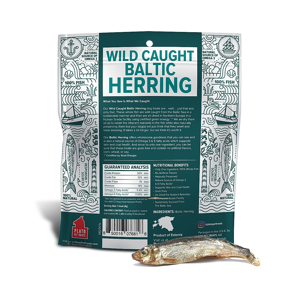 PLATO Pet Treats Fish Dog Treats - Air-Dried, Single Ingredient Dog Treat - with Omega 3 & 6 Fatty Acids to Support Skin and Coat - 100% Whole Fish - Wild Caught Baltic Herring Dog Treats - 3oz